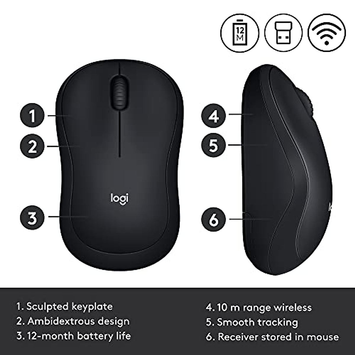 Logitech M185 Wireless Mouse, 2.4GHz with USB Mini Receiver, 12-Month Battery Life, 1000 DPI Optical Tracking, Ambidextrous, Compatible with PC, Mac, Laptop - Black
