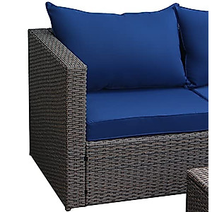 Outdoor Patio Furniture Set with Ottoman Square Coffee Table 4 Piece Patio Sectional Sofa Couch, Modern Brown Rattan Wicker with Seat Cushions - Navy Blue - Oliver & Smith - Sunny