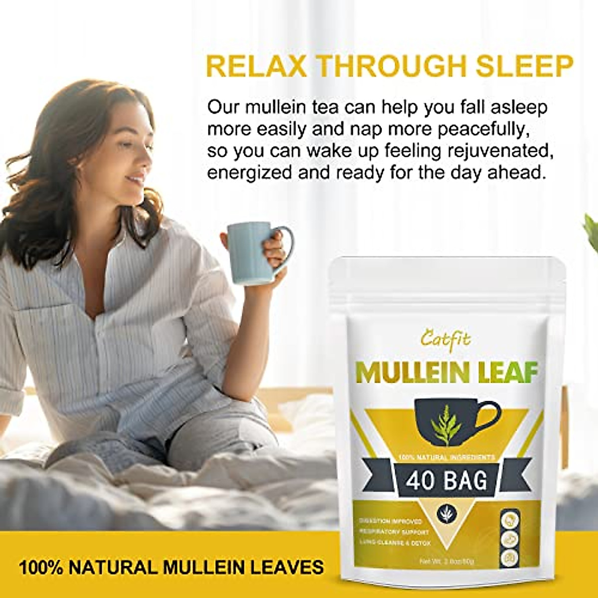 Mullein Leaf Herbal Tea for Respiratory Support, Mullen Tea for Lung Cleanse, Iymphatic Cleanse & Detox and Immune Support - No Caffeine, Non-GMO - 40 Tea Bags