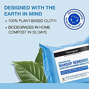 Neutrogena Fragrance-Free Makeup Remover Face Wipes, Daily Facial Cleansing Towelettes for Waterproof Makeup, Dirt & Oil, Gentle, Alcohol- & Fragrance Free, 100% Plant-Based Fibers, 25 ct