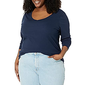 Amazon Essentials Women's Slim-Fit Layering Long Sleeve Knit Rib V-Neck (Available in Plus Size), Pack of 2, White/Navy, 3X