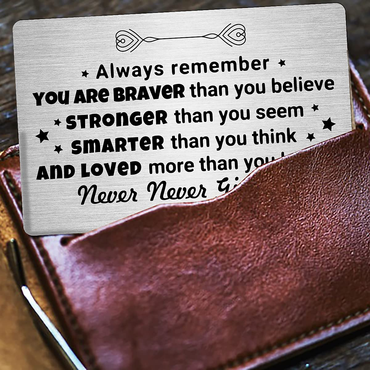 Inspirational Quote Gift for Women Men, Always Remember You are Braver Than You Believe Never Give Up Quote Wallet Card Engraved Wallet Insert Gifts for Birthday Graduation Christmas