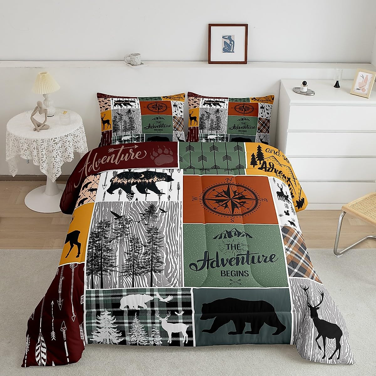 Cabin Retro Rustic Lodge Comforter Set, Bear Deer Country Bedding Twin, Hunting Wild Animal Quilt Plaid Check Adventure Themed Bedding Comforter Sets For Kids Boys Teens Adult Men Bedroom Decor