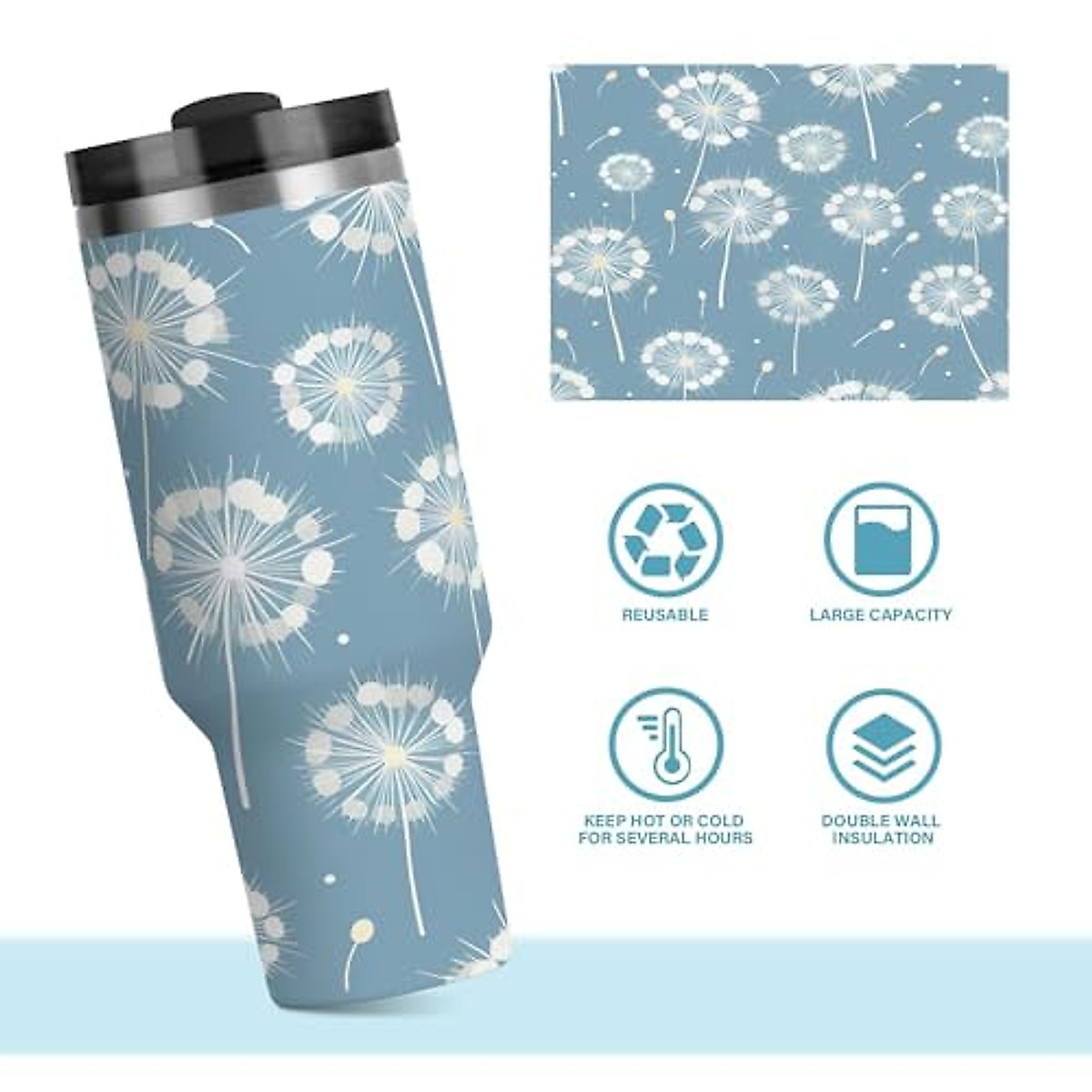FRCSDIY Dandelion Insulated Tumbler with Handle and Straw Lid,40oz Leakproof Stainless Steel Cup BPA-Free Water Bottle