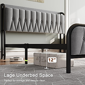 Einhomn Velvet Queen Bed Frame with Charging Station, Platform Bed with Upholstered Storage Headboard & Footboard, 12" Underbed Space, Noise-Free, Easy Assembly, No Box Spring Needed, Light Gray