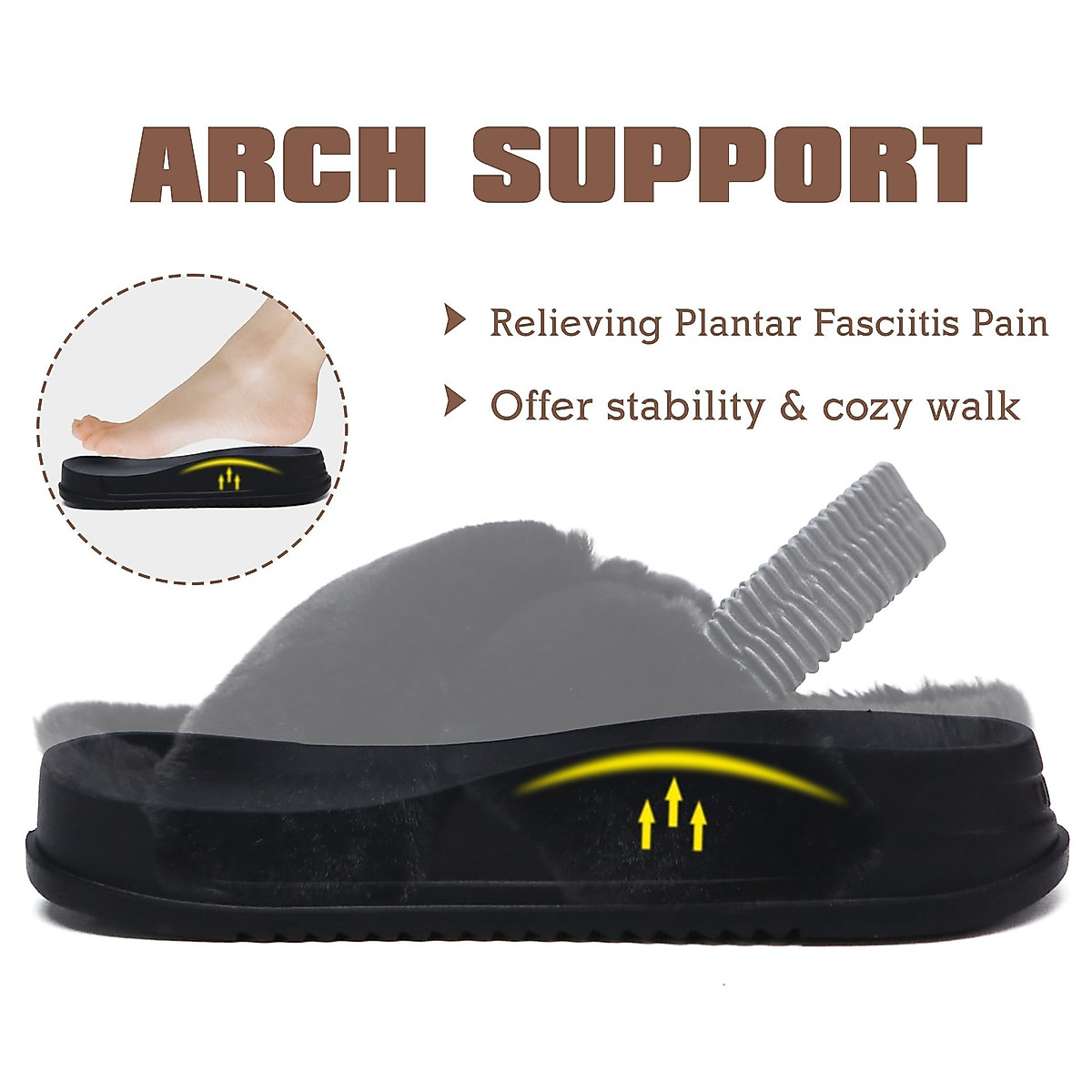 KuaiLu Womens Fuzzy Criss Cross Band Platform Slippers Back Strap Arch Support Furry Faux Fur Ladies Open Toe Slingback Slide Cozy Soft Plush Fleece Comfy House Shoes Sandals Indoor Outdoor Black 8