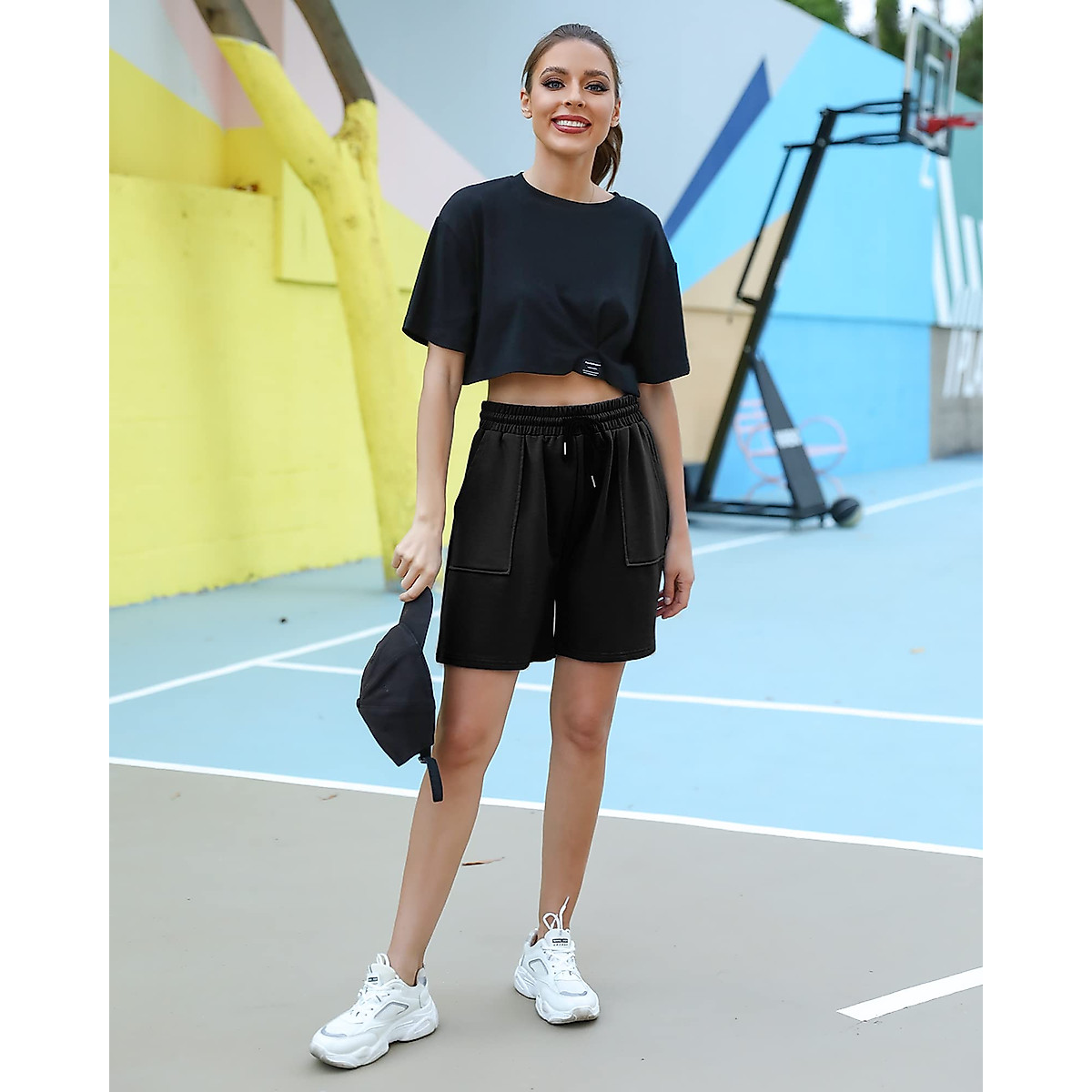 Plus Size Jersey Shorts for Womens Summer Knee Length Shorts Elastic Waist Cotton Lounge Shorts Black XXL