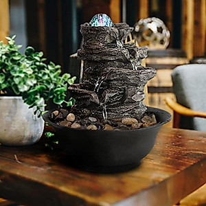 Ferrisland 4-Tier Tabletop Water Fountain with Cascading Rock Waterfall and LED Lights for Office Home Décor