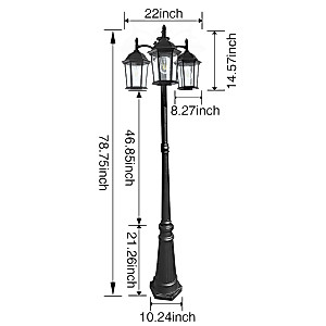 ZJOJO Outdoor Post Light, Triple-Head LED Street Light, 2700K,1100lumens, Vintage Clear Glass Shade Lamp Lights Fixture for Garden Backyard Patio Walkway Lighting-Black C819