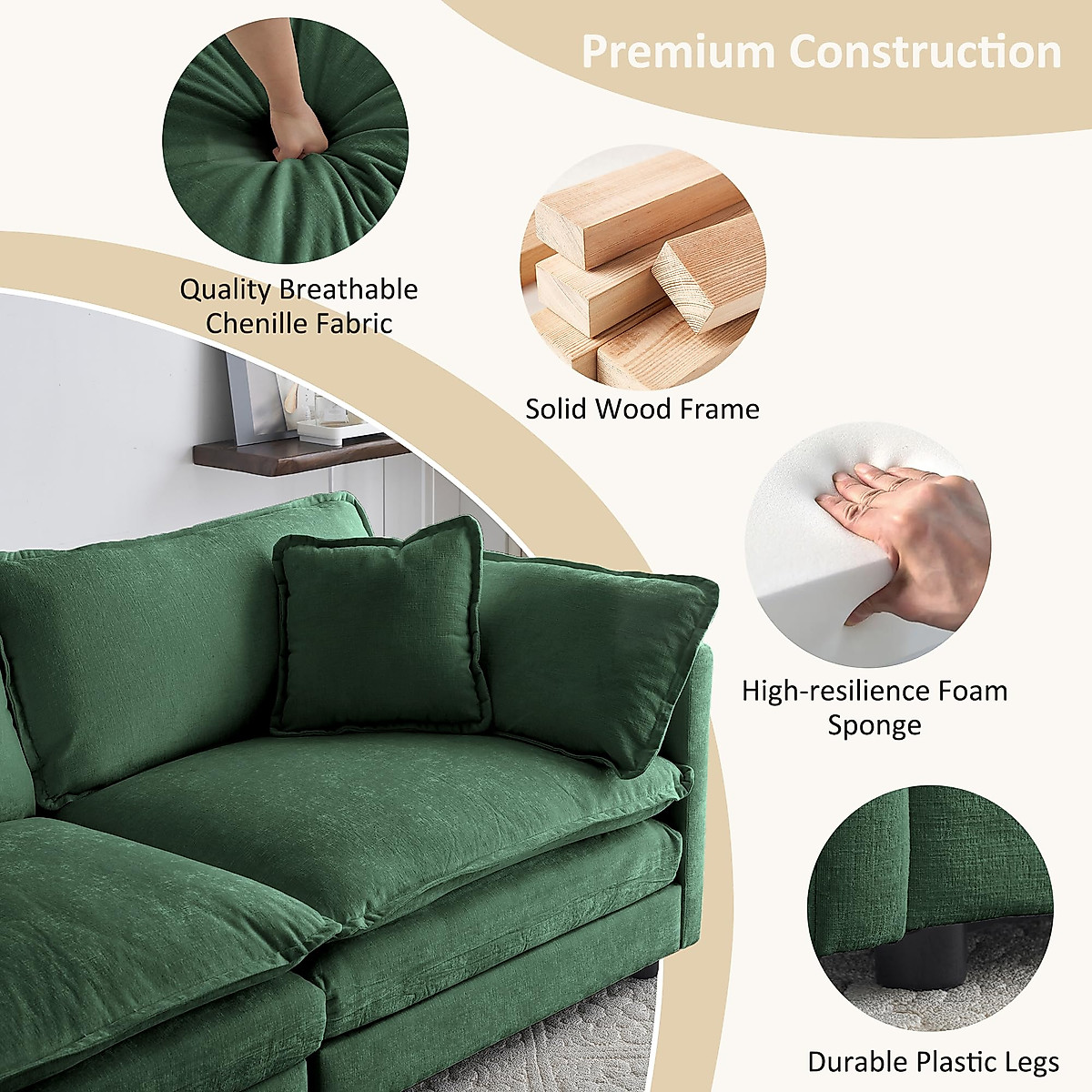 Tmsan 111.42" Modular Sectional Sofa, Green Convertible Modern L Shaped Sofa Chenille Cloud Couches Set with Ottoman for Living Room Bedroom Apartment Office, 3 Seater