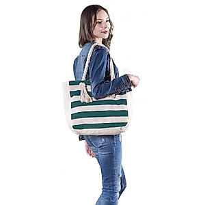 Malirona Large Beach Travel Tote Bag Canvas Shoulder Bag with Cotton Rope Handle (Green Stripes)