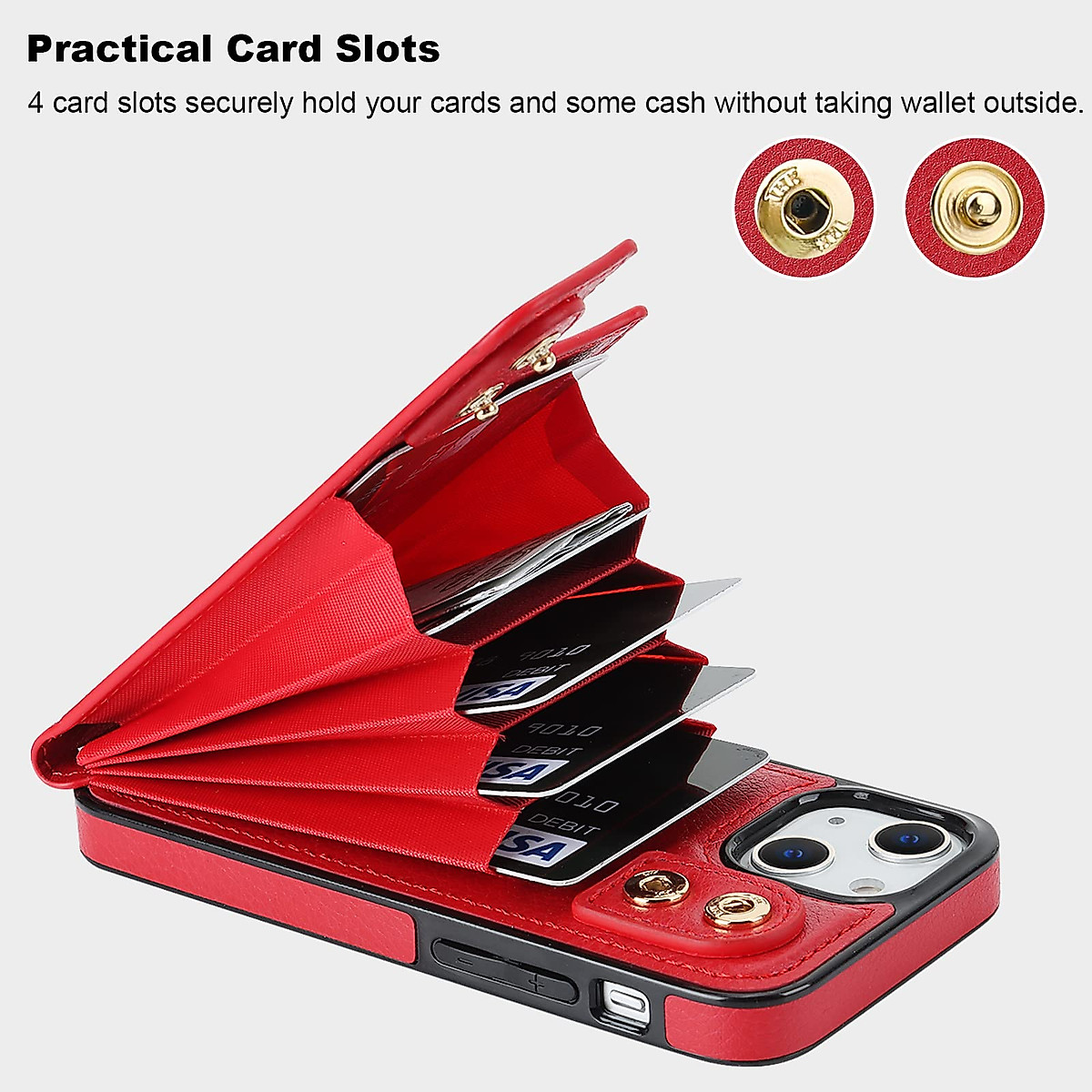 Folosu Compatible with iPhone 13 Mini Case Wallet with Card Holder, 360°Rotation Finger Ring Holder Kickstand Protective RFID Blocking PU Leather Double Buttons Flip Shockproof Cover 5.4 Inch Red