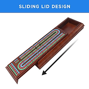 GSE Games & Sports Expert Multi-Color 3-Track Wooden Cribbage Board Game Box with 2 Deck Playing Cards, 9 Metal Pegs and Storage Drawer, Three-Track Cribbage Board with Large Storage