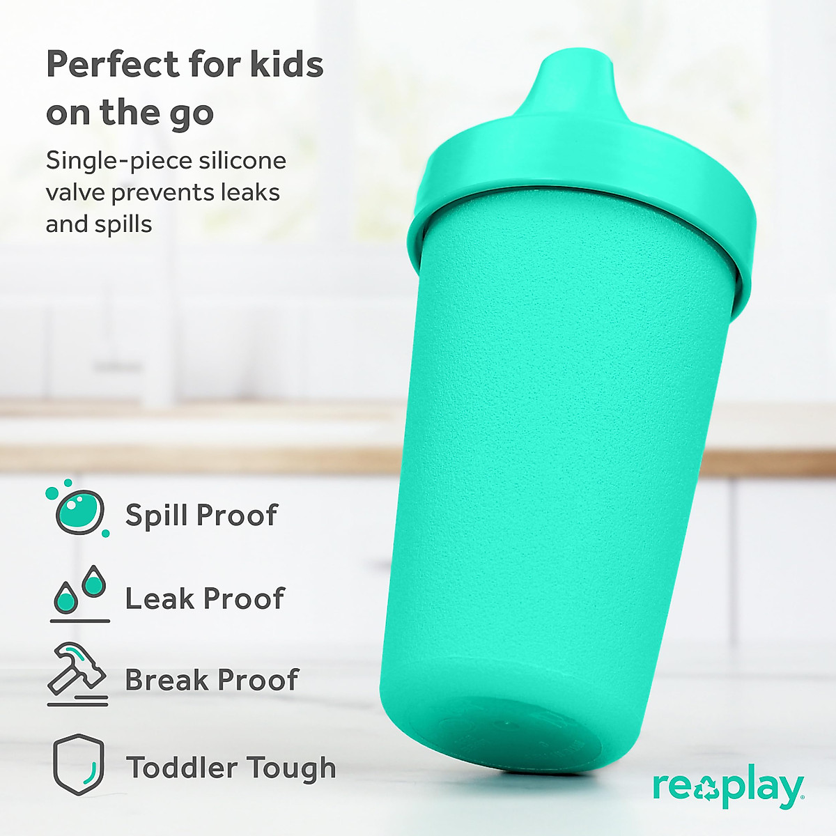 Re-Play Made in USA 10 Oz. Sippy Cups for Toddlers, Set of 3 - Reusable Spill Proof Cups for Kids, Dishwasher/Microwave Safe - Hard Spout Sippy Cups for Toddlers 3.13" x 6.25", A True Blue