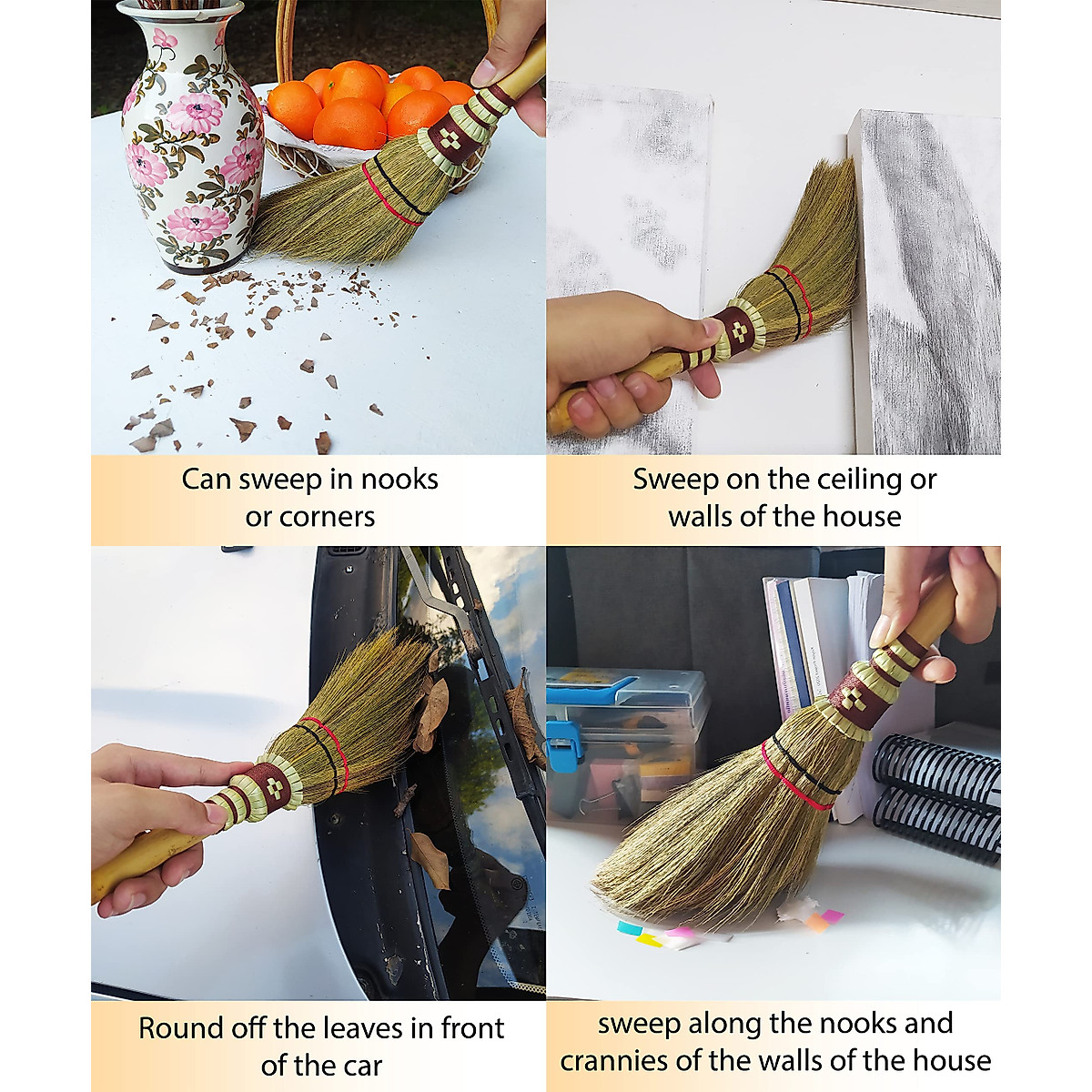 Handmade,Natural Grass Asian, Whisk Broom Thai, Handle Bamboo, Soft Brush Mini with Solid Wood Handle Retro Nature No Static Electricity Sweeping 13in