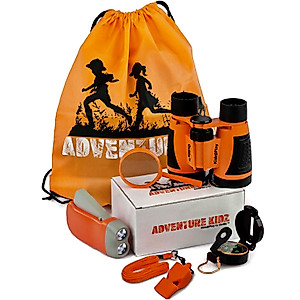 Adventure Kidz - Outdoor Exploration Kit, Children’s Toy Binoculars with Case, Flashlight, Compass, Whistle, Magnifying Glass, Backpack. Great Gift Set for Camping, Hiking, STEM, Pretend Play.