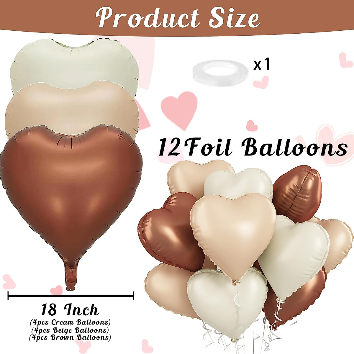 Brown Beige Cream Heart Balloons, 18inch 12PCS Coffee Cream Beige Heart Shape Balloons, Nude Neutral Foil Love Balloons for Valentine's Day Decorations for Engagement Baby Shower Wedding