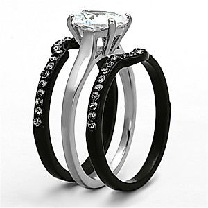 Marimor Jewelry His and Hers 4 Piece Black Stainless Steel Wedding Engagement Ring and Classic Band Set Women's Size 10 Men's 08mm Size 10