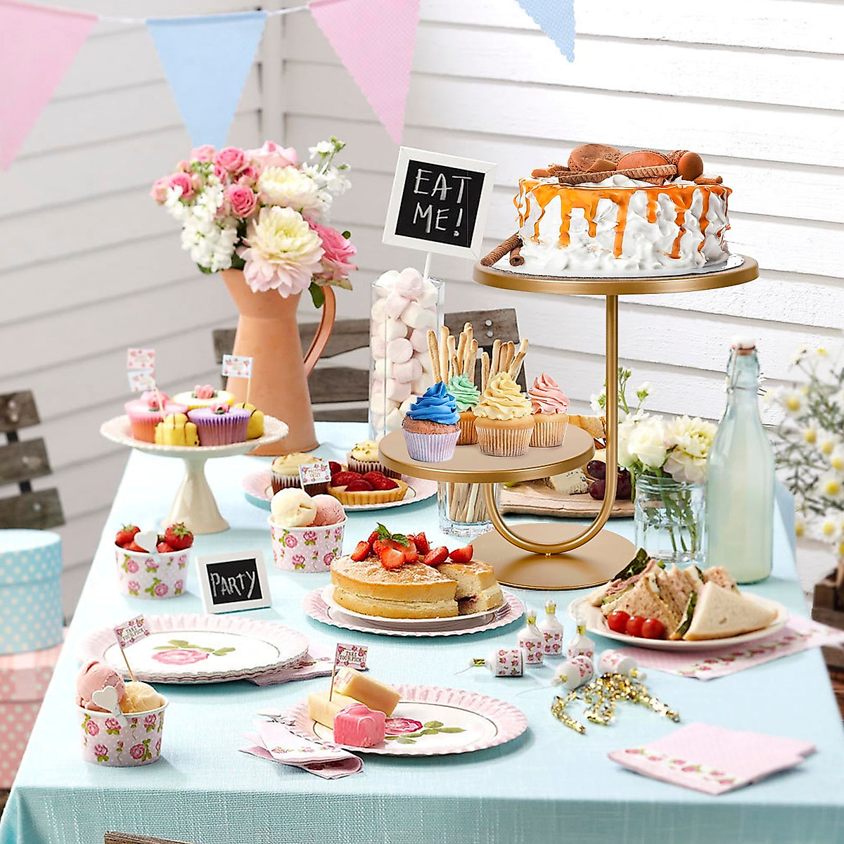 HUANGXIN 2 Tier Gold Cake Stand Metal Food Display Riser Stands Perfect for Desserts Cupcakes Pastry Candy Round Serving Tray Ideal for Wedding Birthday Party and Event