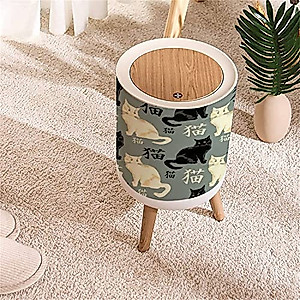 Small Trash Can with Lid Seamless with Cats and Japanese Characters Meaning cat on a Round Recycle Bin Press Top Dog Proof Wastebasket for Kitchen Bathroom Bedroom Office 7L/1.8 Gallon