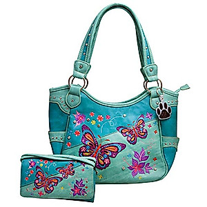 HW Collection Butterfly Purse Western Concealed Carry Country Handbag Wallet Set (Turquoise)