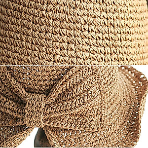 Womens Summer Sun Beach Straw Hat UPF50 Travel Foldable Wide Brim Summer UV Hat with Big Bow (Coffee)