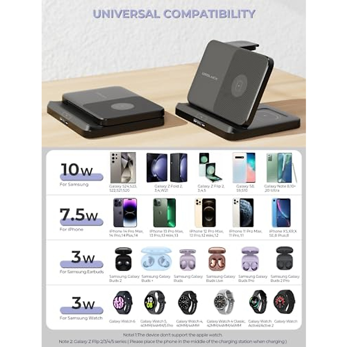 Wireless Charging Station for Samsung and Android, 3 in 1 Foldable Wireless Charger Fast Charger Stand for Galaxy S24/S23/S22/S21/S20 Z Fold 5/4/3 Z Flip 5/4/3, Note20 Ultra, Watch 6/5/Pro/4/3, Buds