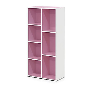 FURINNO Simplistic Study Table, Pink, 15.5 in x 31.5 in x 29.75 in (D x W x H) and Furinno 7-Cube Reversible Open Shelf, White/Pink 11048WH/PI