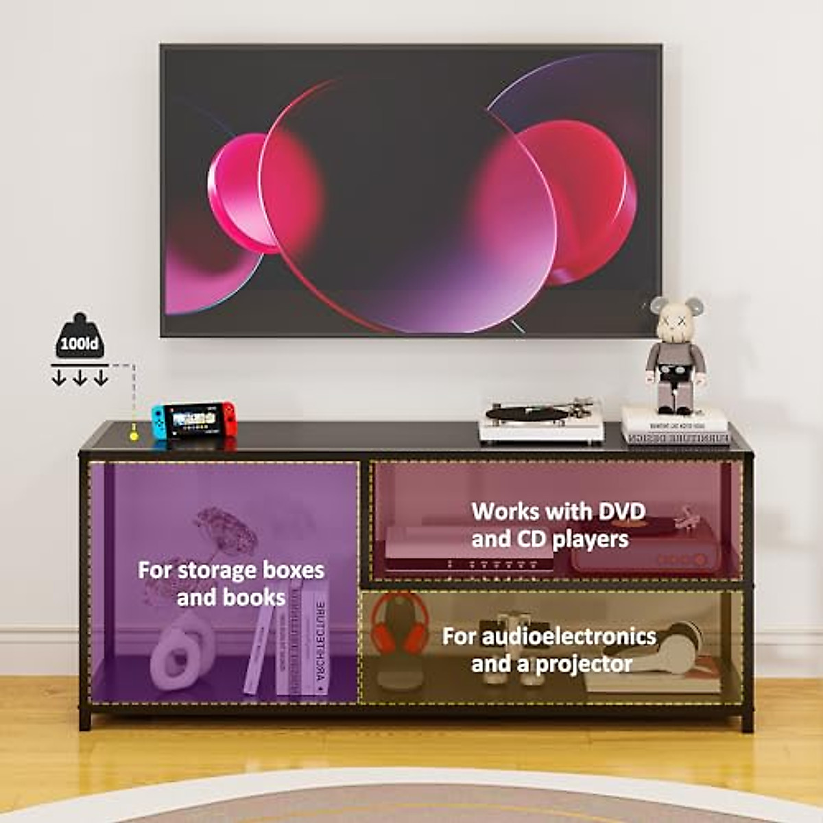 HOME BI TV Stand for 50-55 Inch TV, Entertainment Center with Storage, Wood Console for Living Room, Black Cabinet with Metal Frame