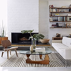 Rimdoc Triangle Glass Coffee Table Modern Noguchi Coffee Table, Vintage Glass, and Wood End Table, Solid Wood Base and Clear Glass Top Accent Coffee Table, for Living Room, Patio(Light Walnut)