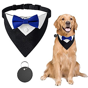 URROMA 1 Pack Blue Bow Formal Dog Tuxedo Bandana, Adjustable Blue Dog Wedding Collar Pet Costume Neckerchief for Small Dogs and Cats, L