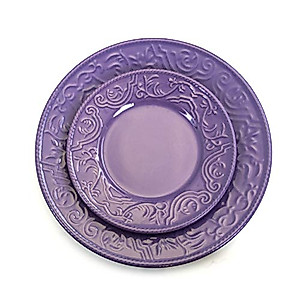 Elama Embossed Stoneware Elegant Round Dinnerware Dish Set, 16 Piece Set, Lilac Purple