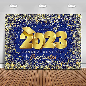 Mocsicka Class of 2023 Backdrop 7x5ft Royal Blue and Gold Glitter Congrats Grad Party Photo Backdrops Graduation Party Photography Studio Background