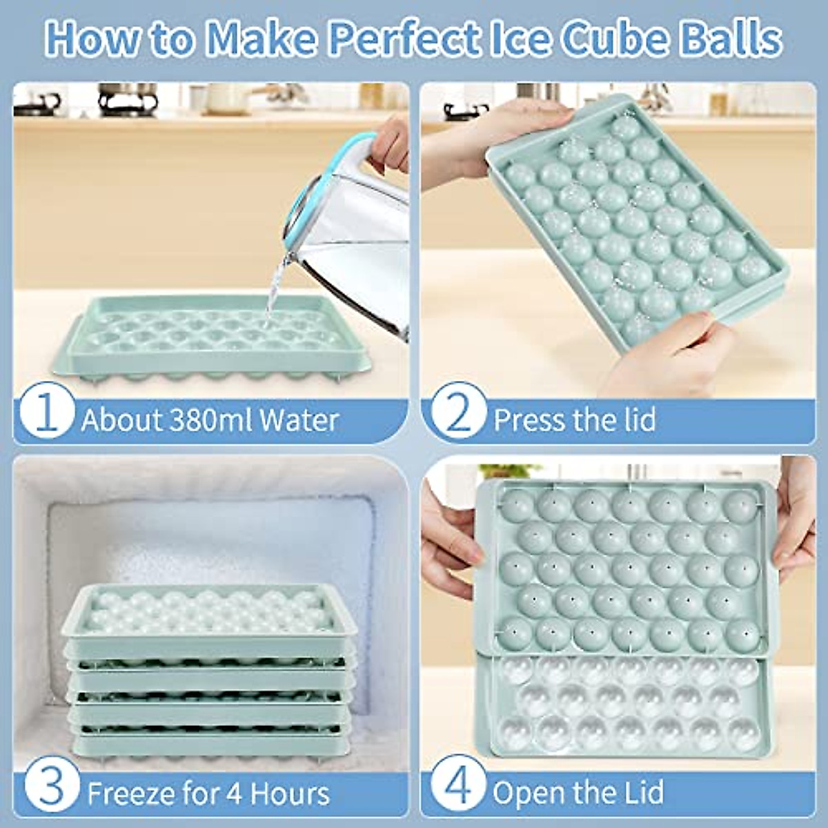 Ball Ice Cube Trays for Freezer: Round Ice Cube Tray with Lid - Circle Ball Ice Trays for Freezer with Bin - Sphere Ice Cubes Mold for Drinks - 4 Packs