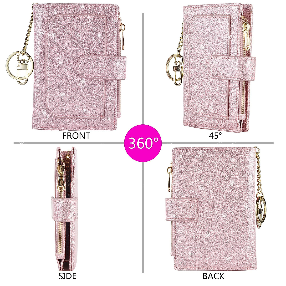 Womens Wallets RFID Small Compact Bifold Leather Card Holder Zip Pocket Keychain