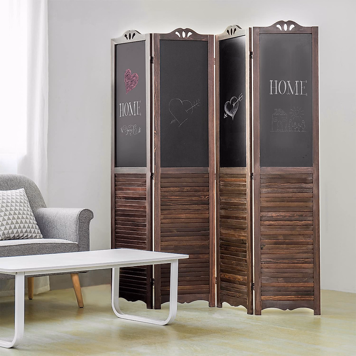 MyGift 4 Panel Rustic Dark Brown Wood Folding Room Divider Decorative Semi Private Screen with Chalkboard Panels and Two Way Hinges