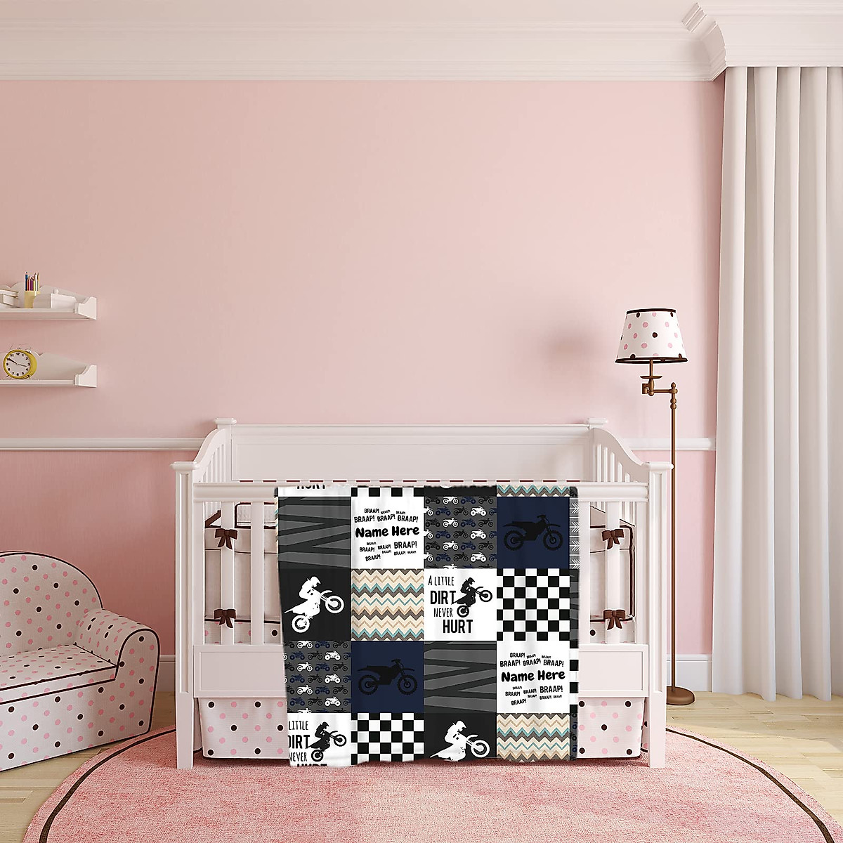 Personalized Motocross Dirt Bike Minky Baby Blankets with Name, Custom Motorcycle Blanket for Boys Kids - Neutral Motocross Baby Plaid Blanket for Infant Newborn