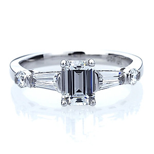 DoubleAccent Platinum Plated Sterling Silver Ring 1 CT Emerald Cut CZ Stone with Baguette Wedding Engagement Ring (Size 5 to 9), 6