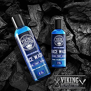 Viking Revolution Charcoal Face Wash for Men- Scrub Away Dirt and Toxins, Skin Cleaning Agent - Cleanse, Purify and Refresh - Daily Charcoal Facial Cleanser - 8 Fl Oz plus a 2 Fl Oz, 2 Piece Set