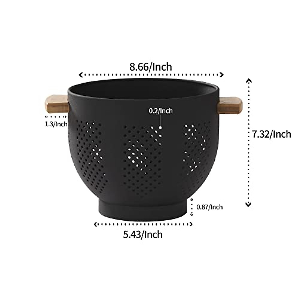 Metal Colander with Wood Handle, Powder Coated Steel Large Kitchen Strainer Stable Base (5.5 quart, MatteBlack)