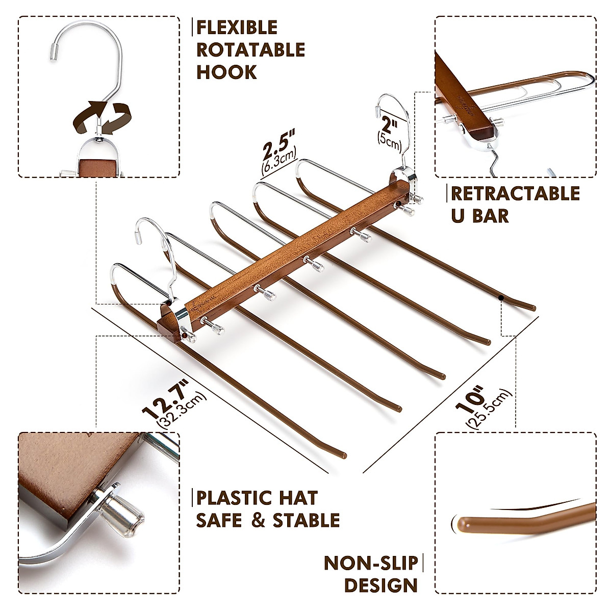 HOUSE DAY Pants Hangers Space Saving, Wood Jean Hangers for Closet, Non Slip Multi functional Pants Rack Hanger Multiuse Pant Organizer For Closet Space Saving Hangers for Pants, Scarfs (2PACK,Walnut)