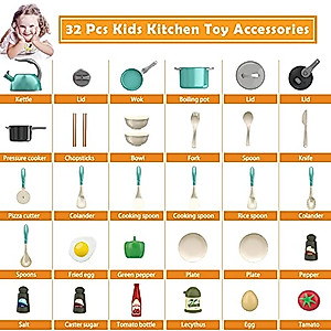 Bruvoalon 32Pcs Kids Play Kitchen Toys Set, Toddlers Pretend Cooking Playset Acccessories with Pots Pans, Utensils Cookware, Foods, Canned Veges, Learning Gift for Kids Girls Boys (Green)