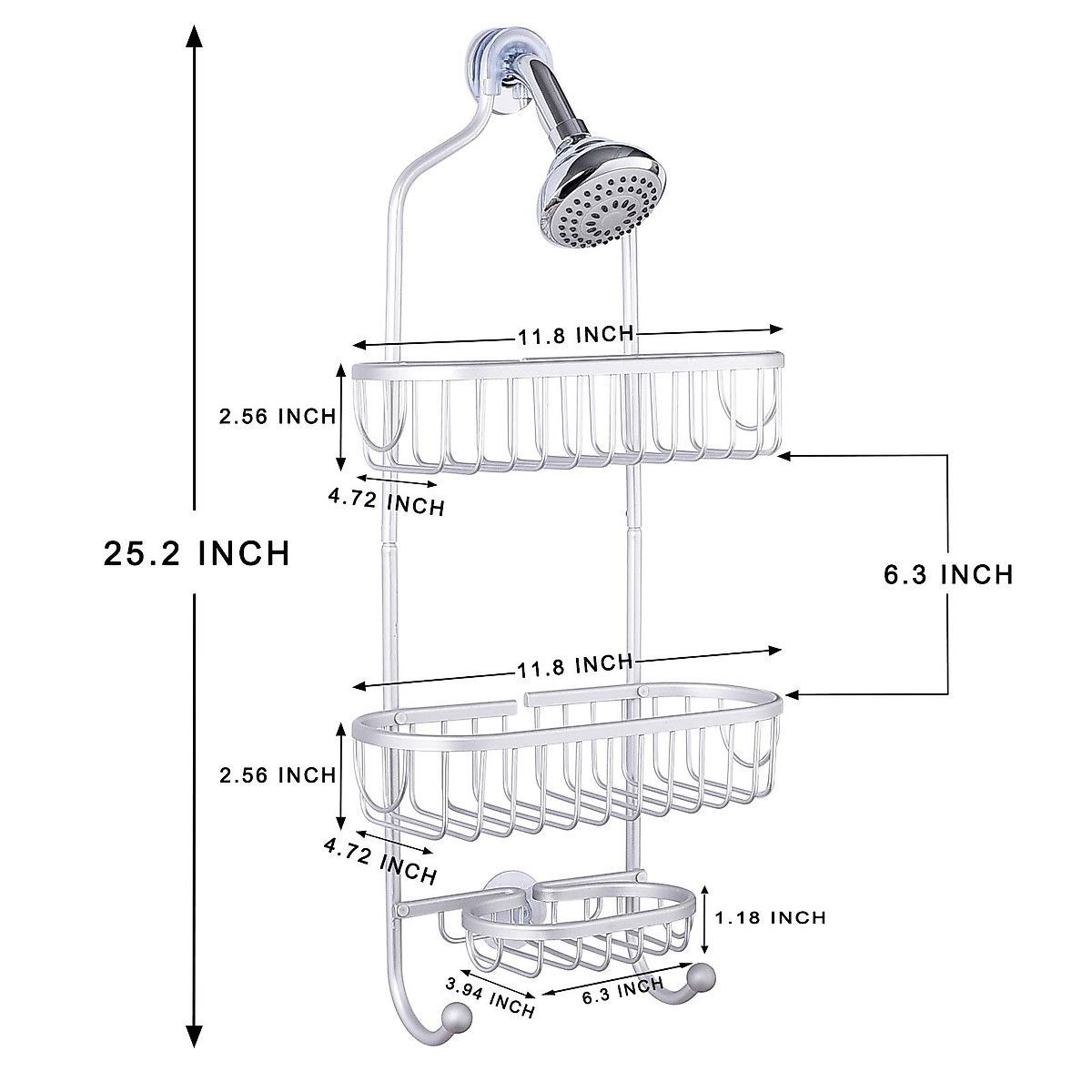 Dailyart Hanging Shower Caddy, Shower Head Caddy Hanging Storage Organizer over the Shower Head Aluminum Shampoo Holder with Extra Basket Hanging Shower Rack, Silver, 11.8" x 4.7" x 25"
