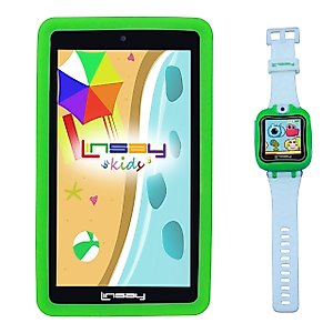 LINSAY® 7" Kids Funny Tablet Green with 1.5" Kids Smartwatch 90 Degree Selfie Camera Green