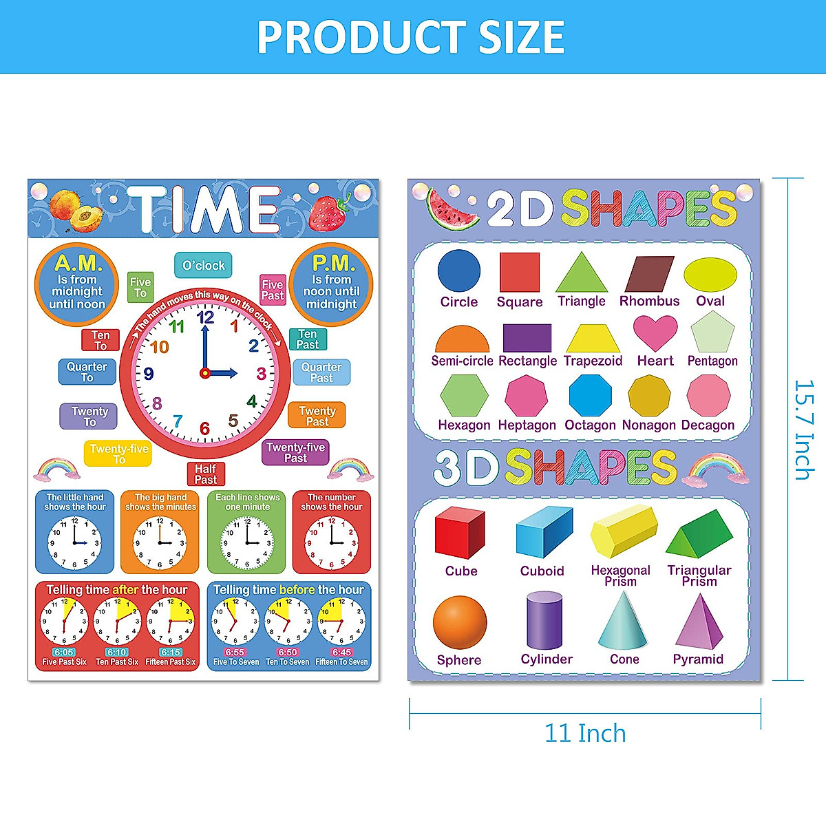 12 Pieces Math Educational Learning Posters for Children Homeschool Learning Posters Math Teaching Posters Multiplication Table Shapes Fractions Math Charts with Tape for Elementary and Middle School