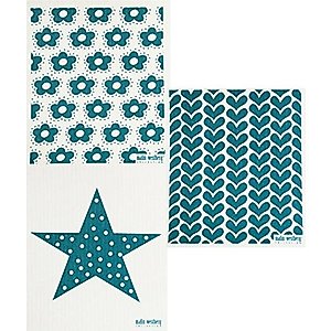 Trendy Tripper Swedish Dishcloths/Sponge Cloths: Packs of 3 Different Turquoise OR Petrol Designs (3 Petrol: Fiddeli + Hearts + Star)