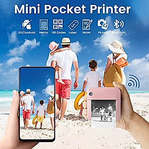 Zeacool Mini Pocket Printer,Portable Thermal Printer for Label,Text Memo,Receipt,Sticker,Photo Printers,BT Inkless Printing,Kids Gift,Wireless Bluetooth Printer Compatible with iOS and Android（Pink）