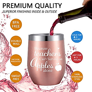 2 Pieces Teacher Can't Survive on Apples Alone, Thank You Teacher Appreciation Gift for Women Funny Birthday Christmas Thanksgiving Teacher Gifts 12 oz Wine Tumbler with Straw and Cleaning Brush