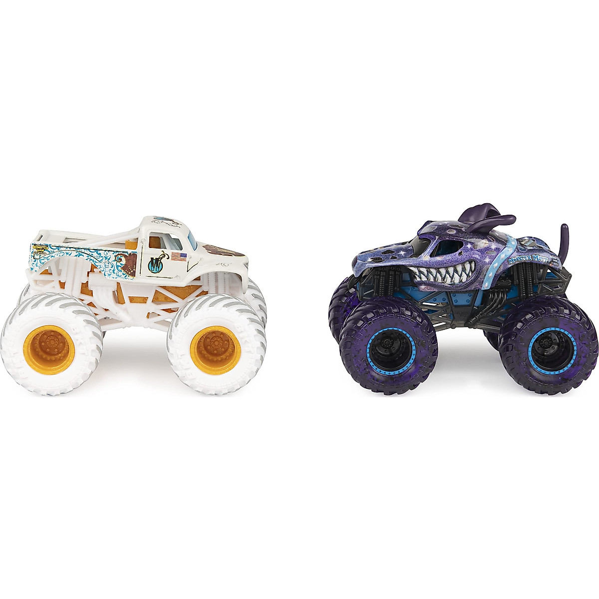 Monster Jam 2021 Spin Master 1:64 Diecast Exclusive Gears and Galaxies 'W' Whiplash vs Monster Mutt Dalmatian