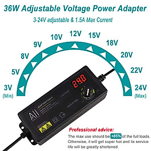 Universal 3V - 24V 1.5A 36W Adjustable DC Power Supply Adapter Speed Control Volt Display with Variable 8 Plugs and 1 Polarity Reverse Cable Cord